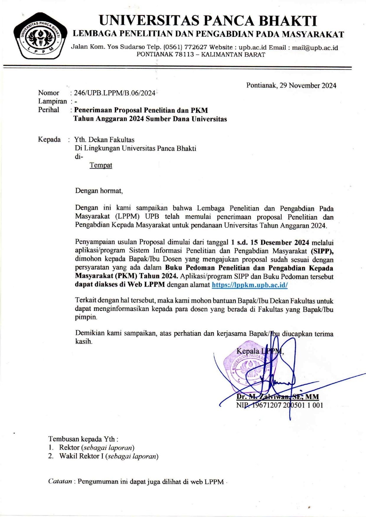 Penerimaan Proposal Penelitian dan PKM Pendanaan Universitas Tahun Anggaran 2024 - LPPM UPB